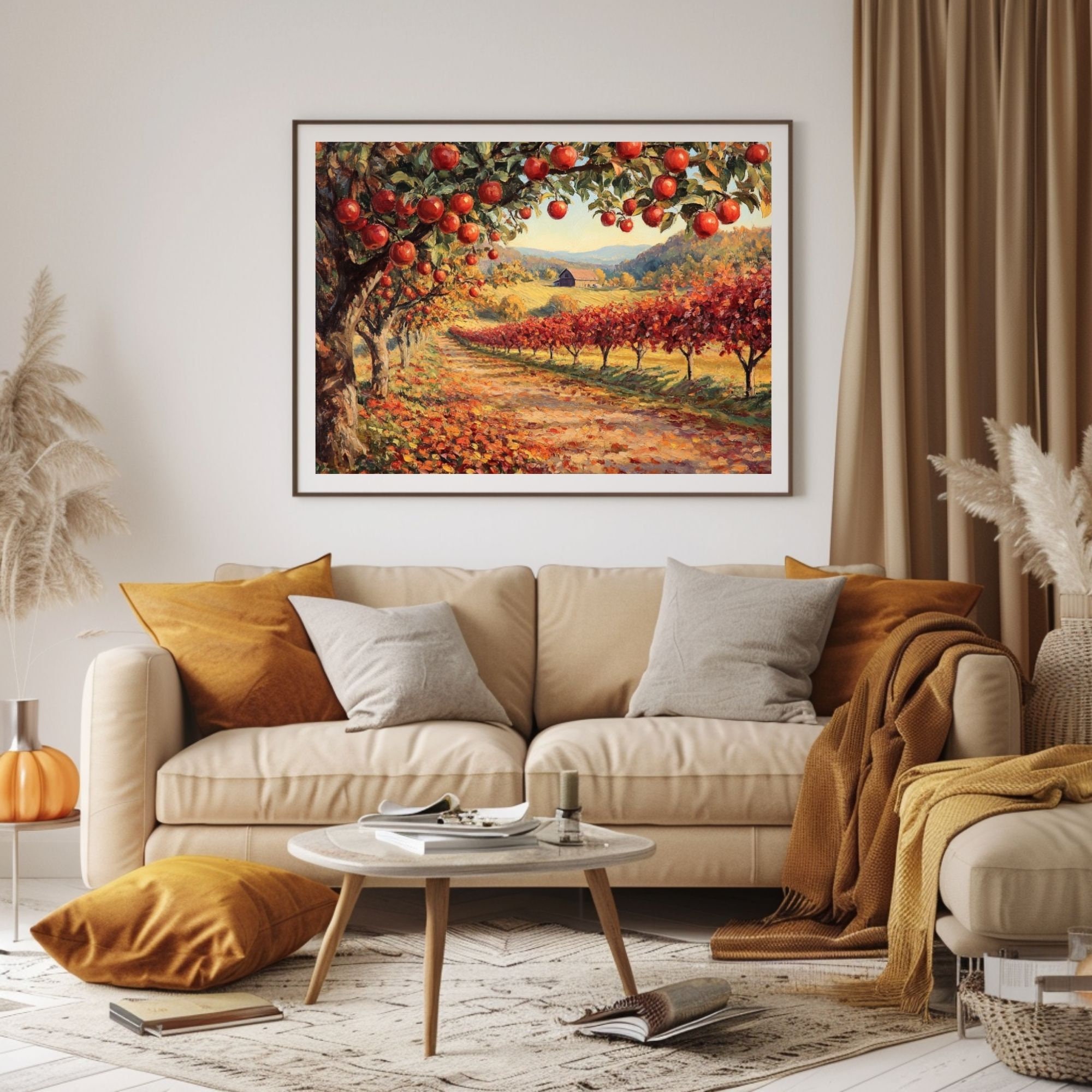 Golden Autumn Apple Orchard Art Print: Vibrant Harvest Landscape ...