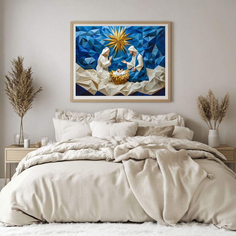 Origami Nativity Scene Art Print | Geometric Christmas Decor (digital ...