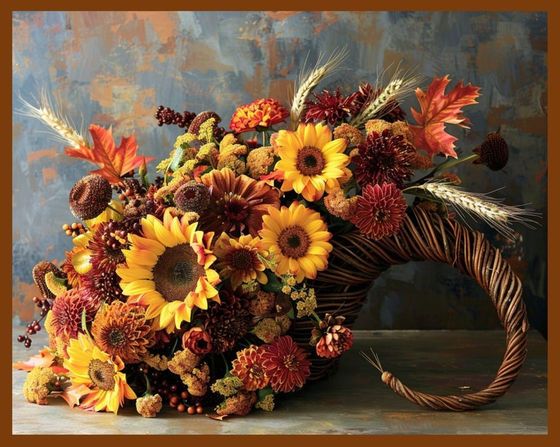 Vintage Cornucopia With Sunflowers and Autumn Flowers Nature Wall Art ...