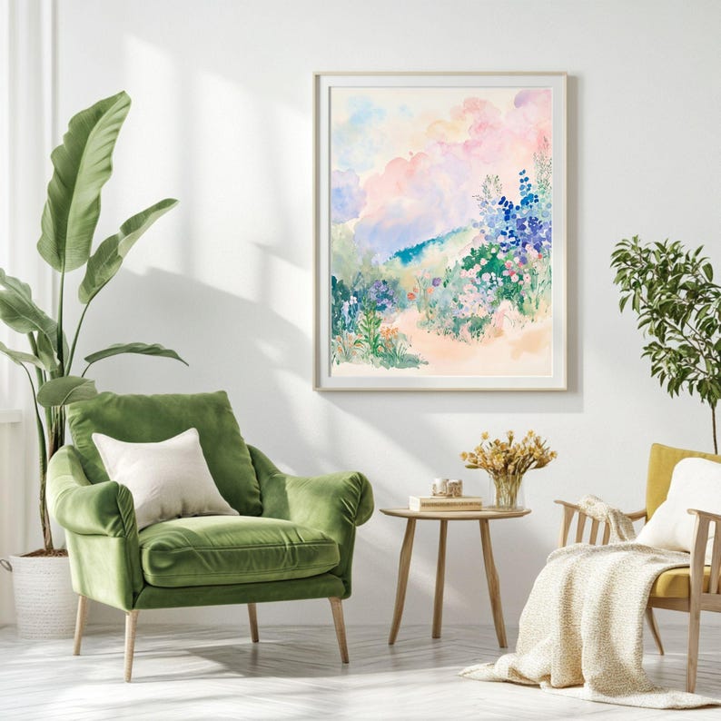 Vintage Watercolor Spring Landscape Print, Wildflower Meadow (digital ...