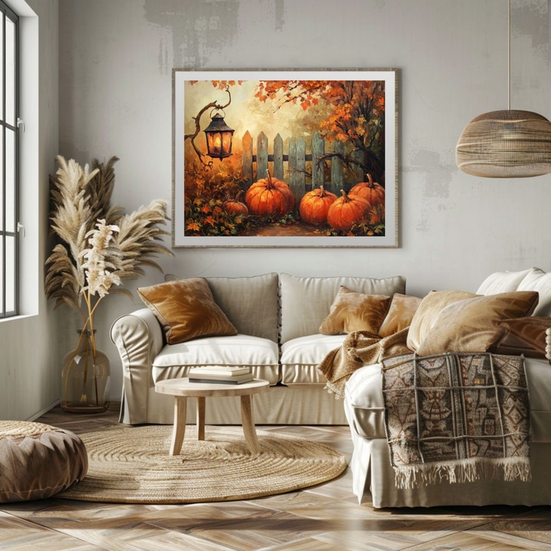 Autumn Pumpkin Patch Painting: Warm Fall Scene With Rustic Lantern ...
