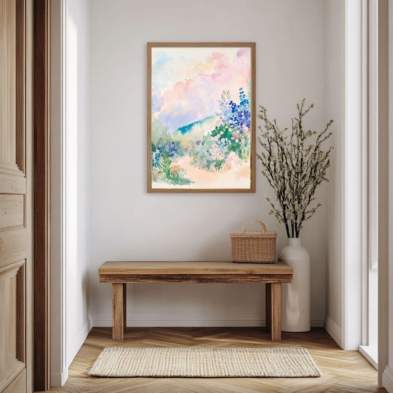 Vintage Watercolor Spring Landscape Print, Wildflower Meadow (digital ...