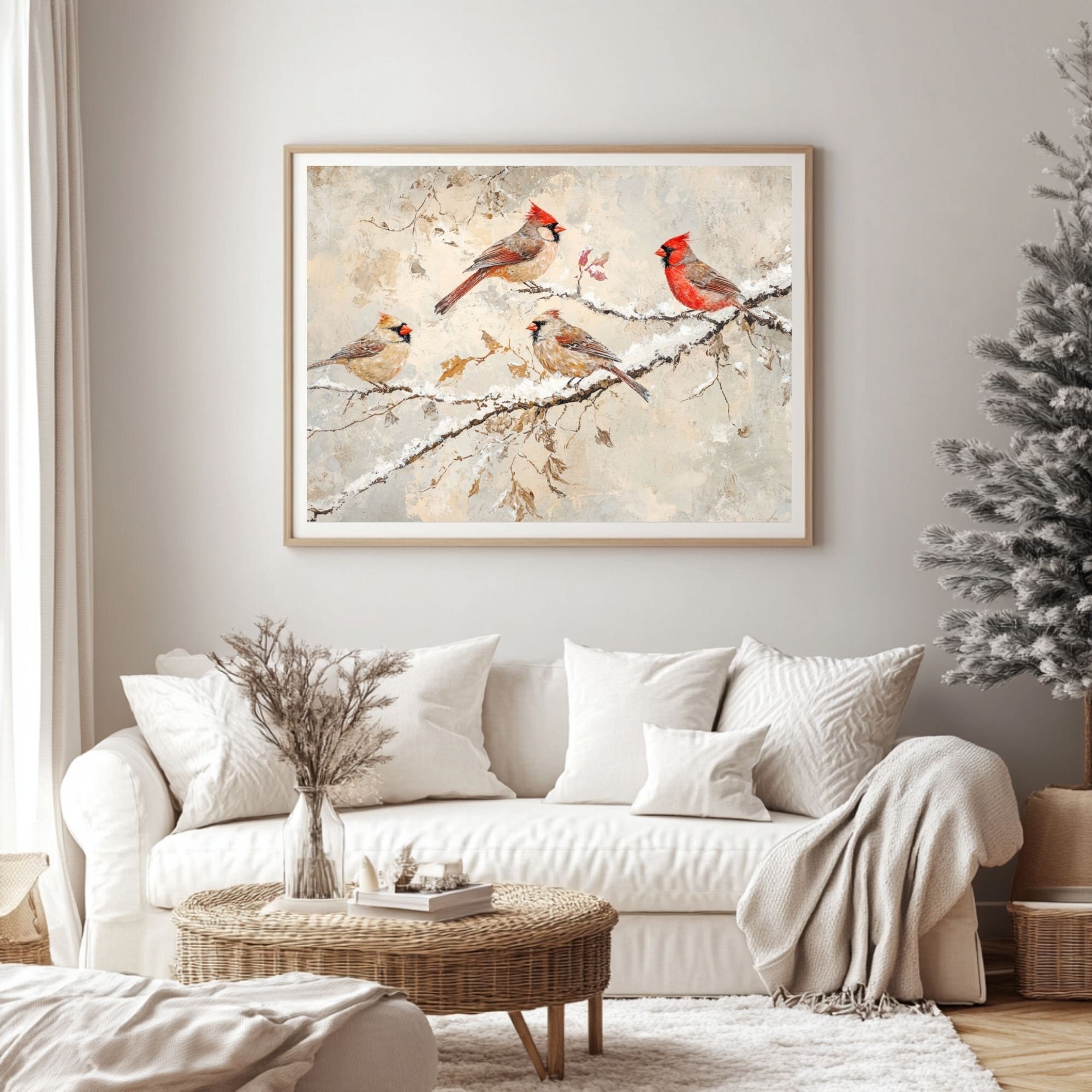 Winter Cardinal Art Print Bird Painting Wall Decor Rustic Nature ...