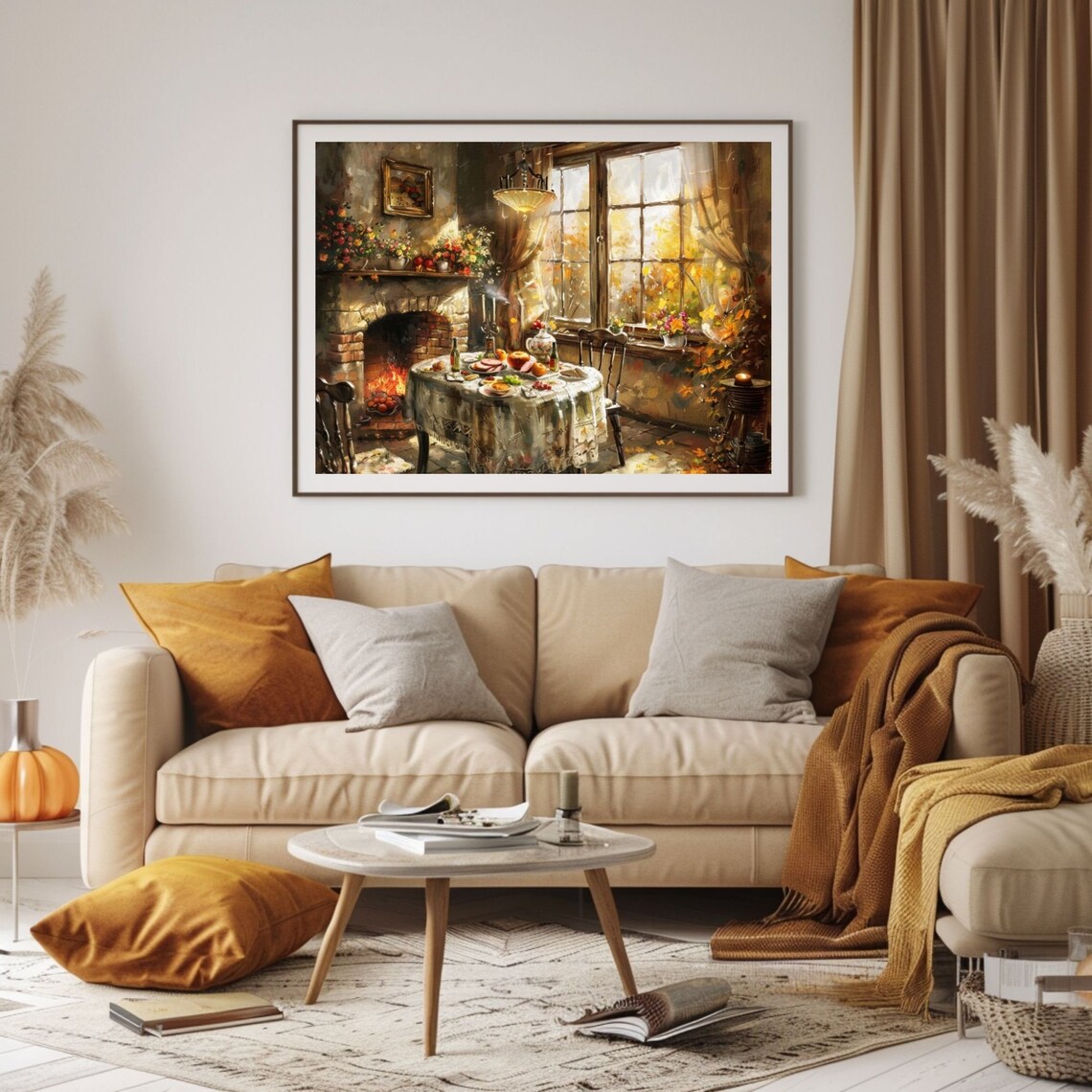 Cozy Autumn Dining Room Scene: Warm Thanksgiving Fireplace Decor Print ...