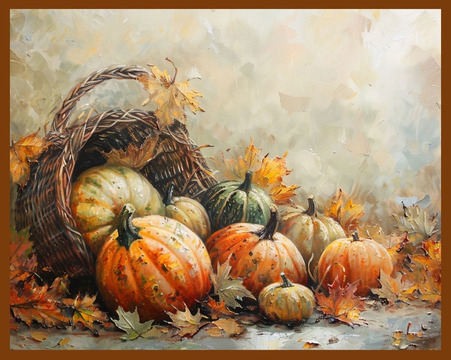 Vintage Oil Painting of Pumpkins and Gourds in Autumn - Textured Fall ...