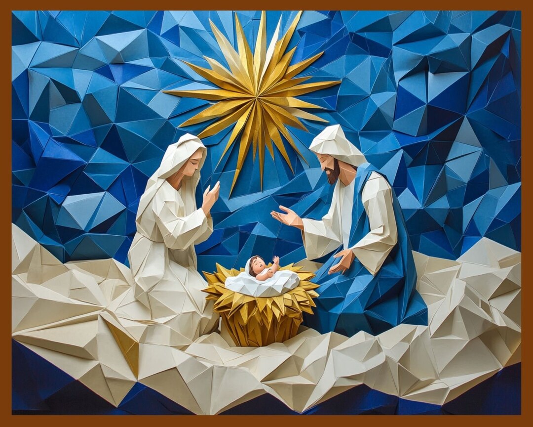 Origami Nativity Scene Art Print | Geometric Christmas Decor (digital ...