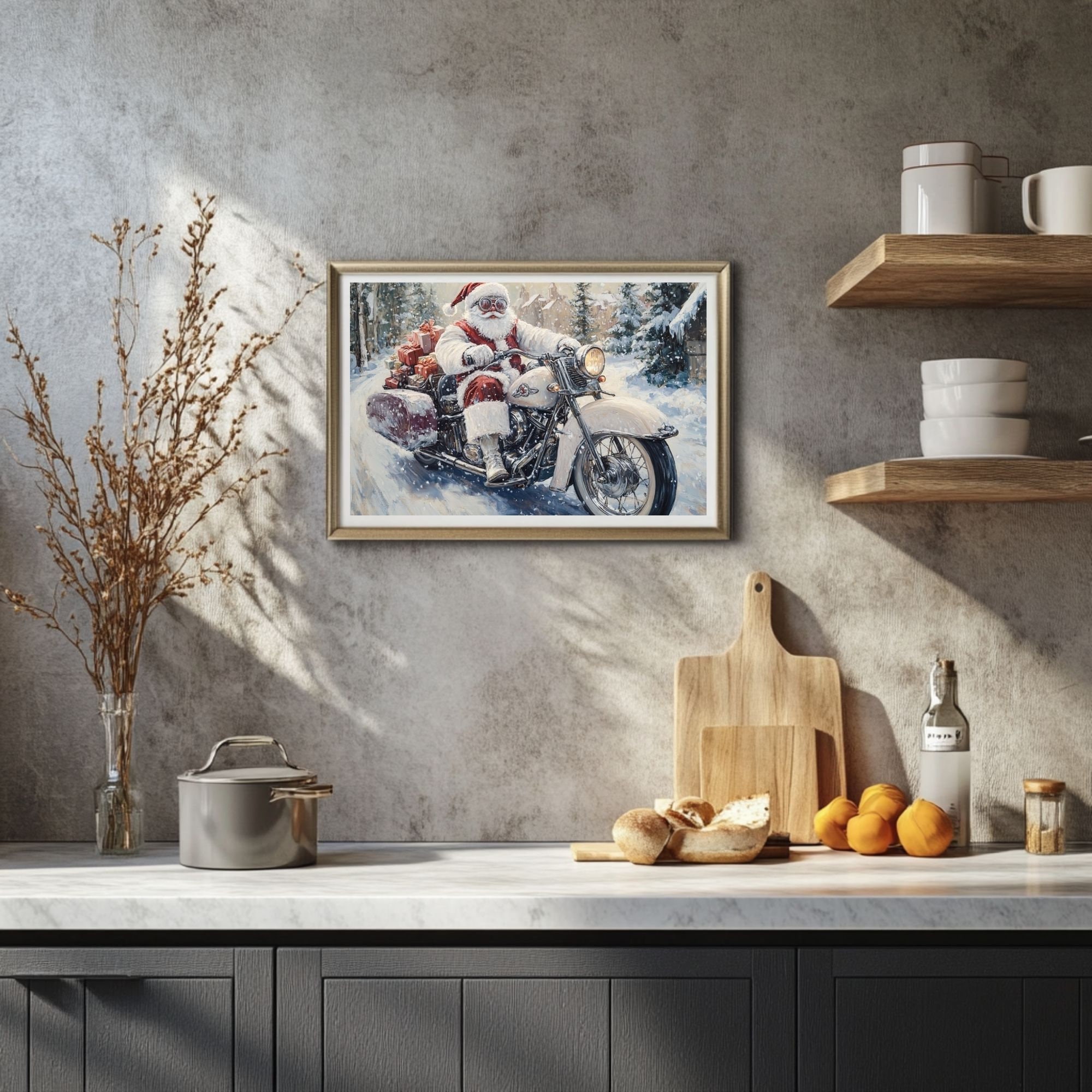 Santa on Harley-davidson Christmas Art | Vintage Motorcycle Holiday ...