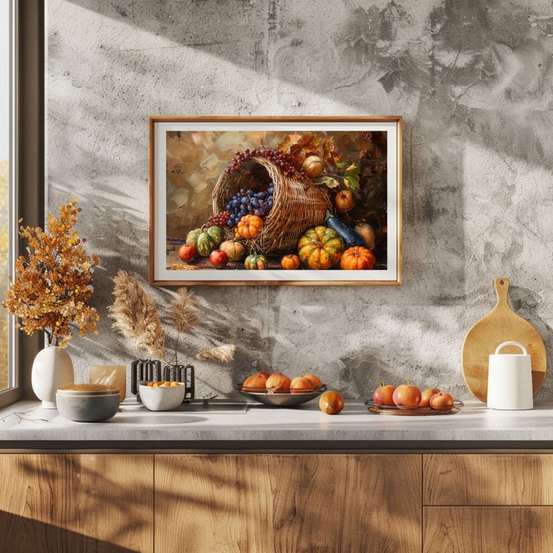 Autumn Harvest Cornucopia Still Life: Rustic Fall Decor for ...