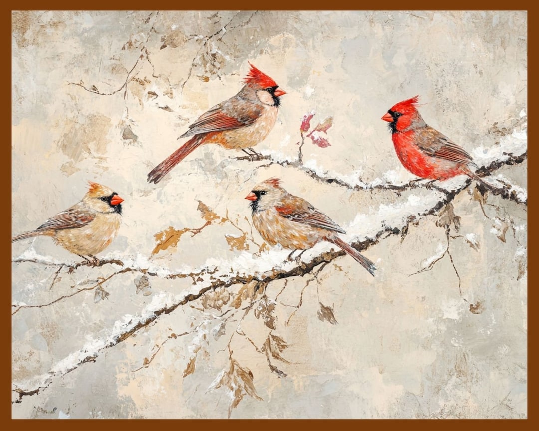 Winter Cardinal Art Print | Bird Painting Wall Decor | Rustic Nature ...
