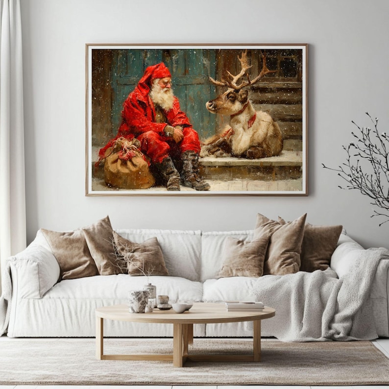 Vintage Santa and Reindeer Oil Painting, Christmas Wall Art (digital ...