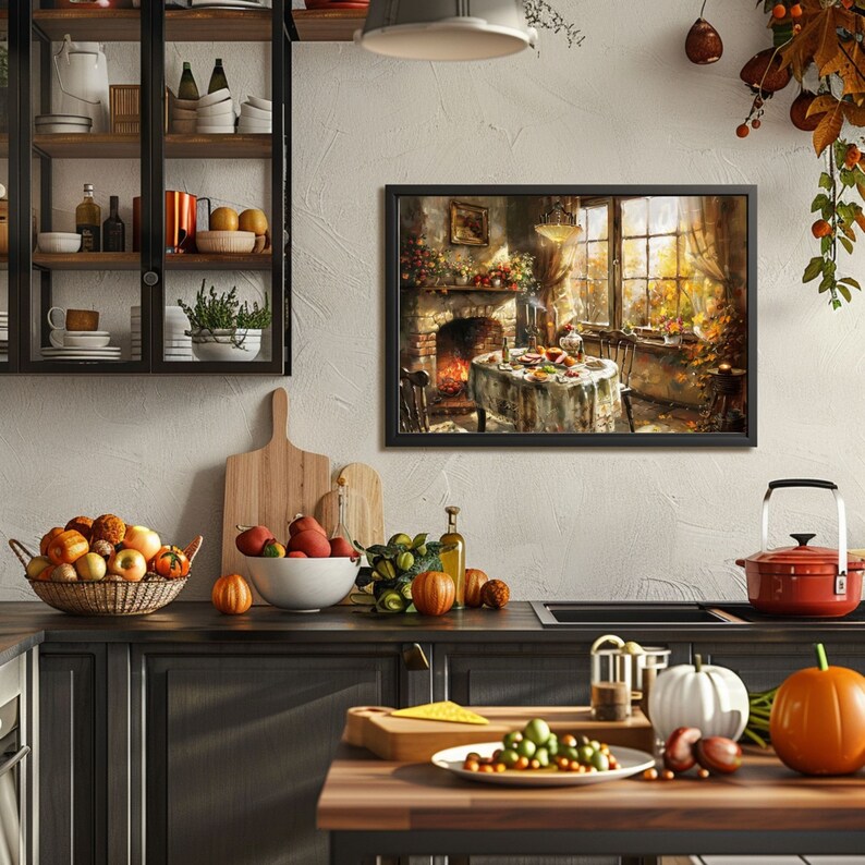 Cozy Autumn Dining Room Scene: Warm Thanksgiving Fireplace Decor Print ...