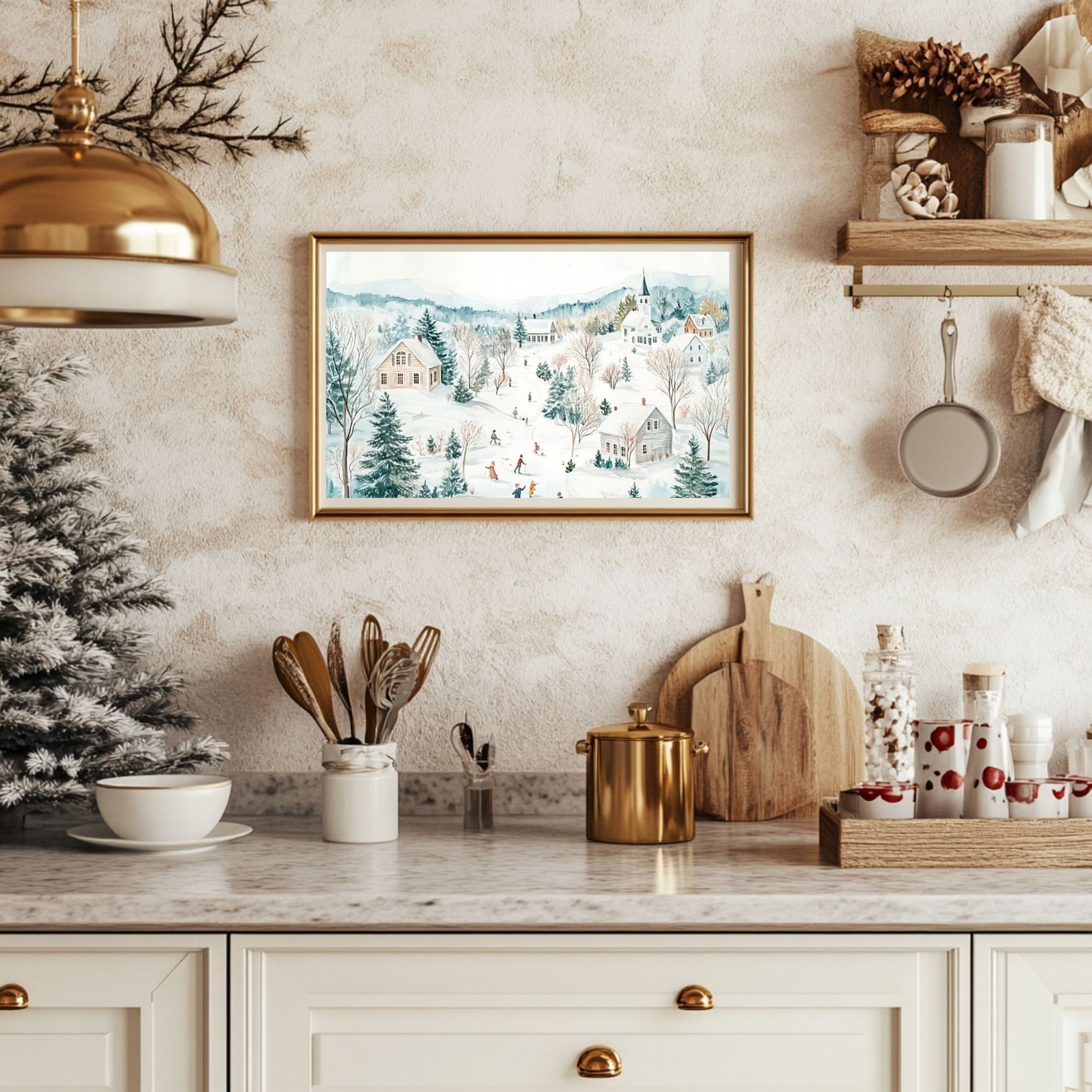 Enchanting Winter Village Scene - New England Snowscape With Villagers ...