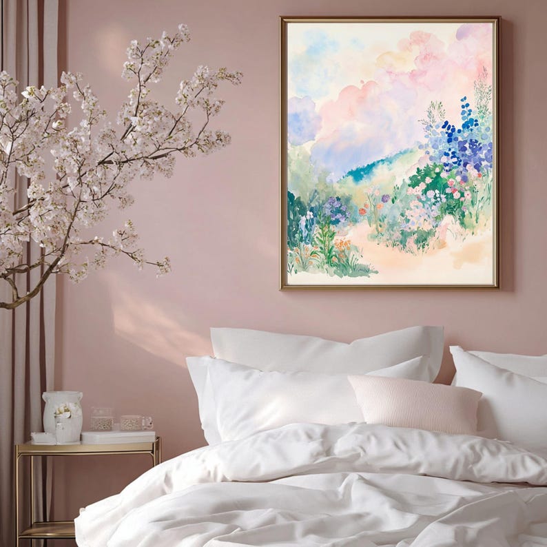 Vintage Watercolor Spring Landscape Print, Wildflower Meadow (digital ...