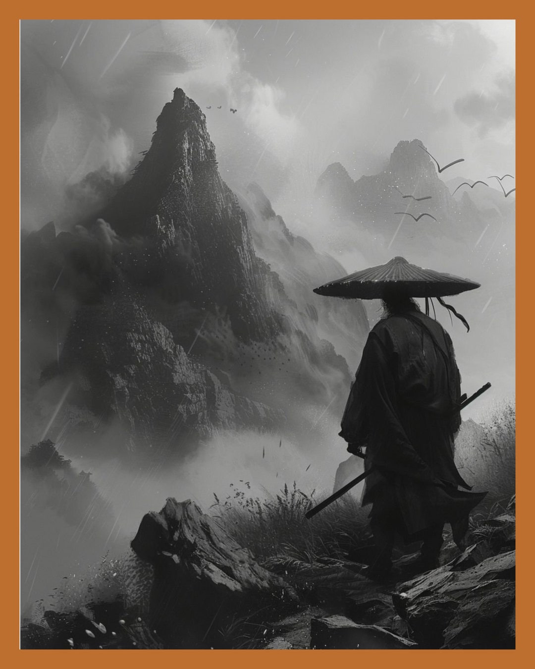 Zen Samurai Artwork - Monochrome Mountain Scene - Asian Inspired Decor ...
