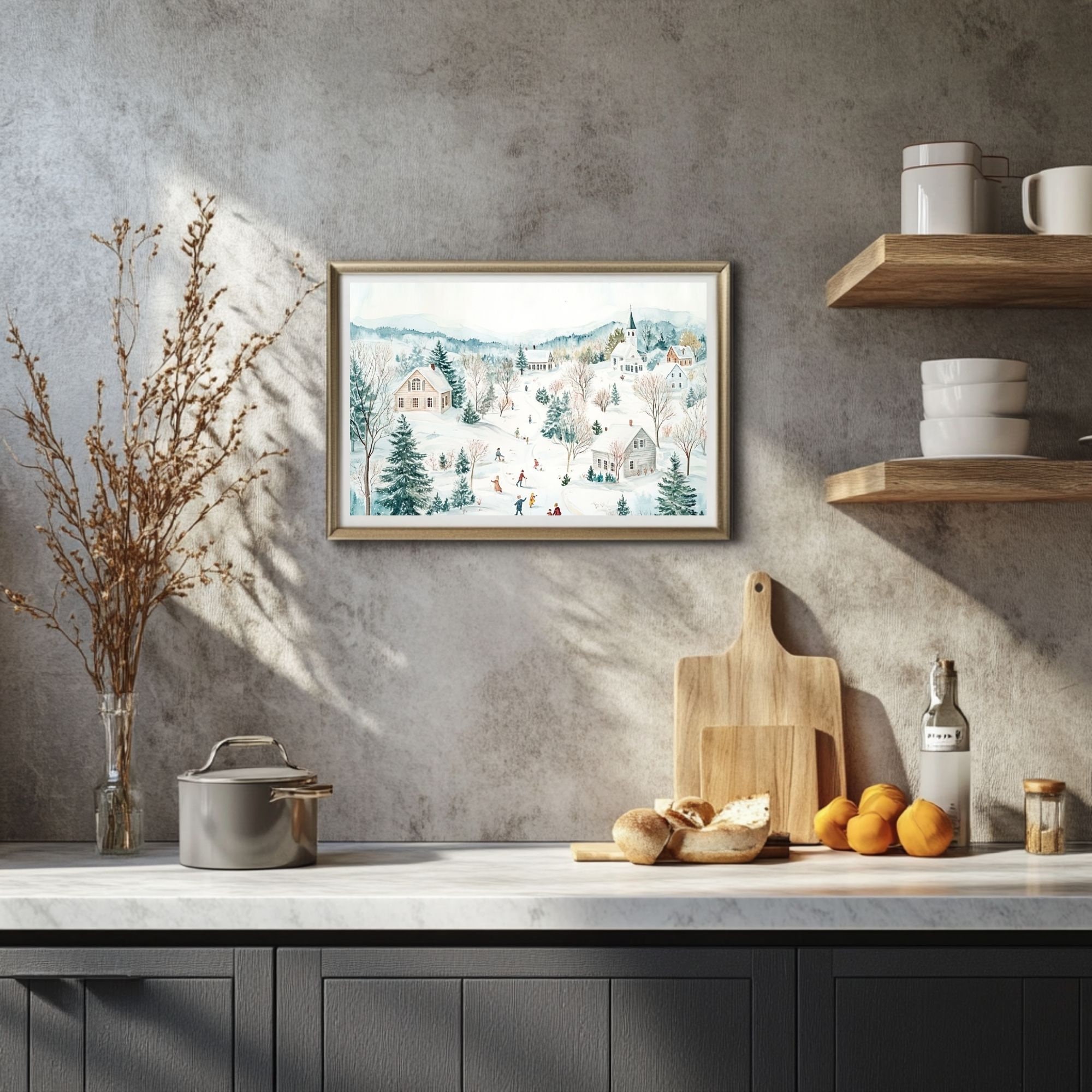 Enchanting Winter Village Scene - New England Snowscape With Villagers ...