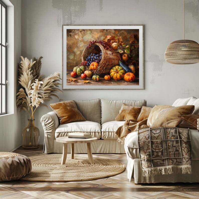 Autumn Harvest Cornucopia Still Life: Rustic Fall Decor for ...