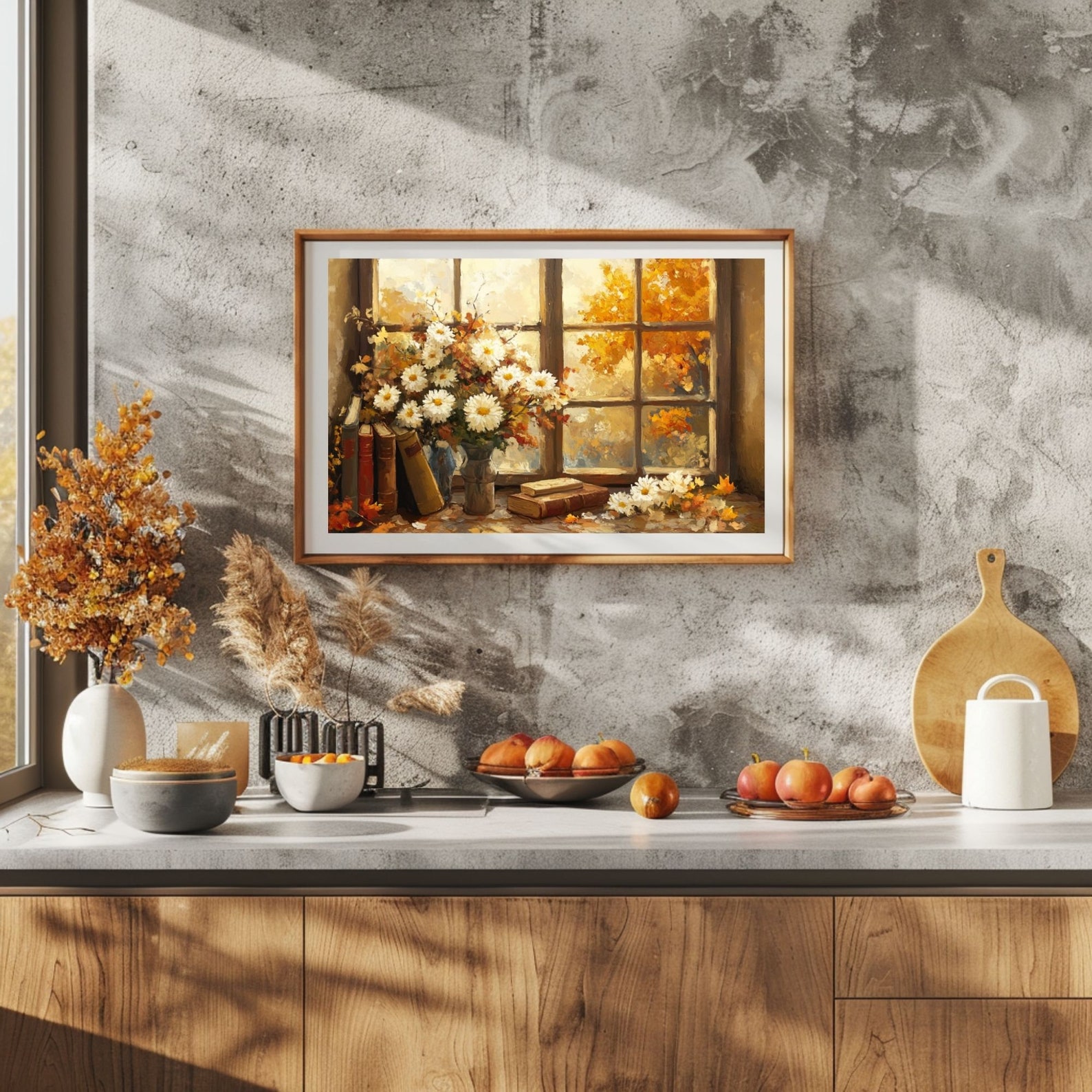 Autumn Window Still Life Art Print: Chrysanthemums and Vintage Books ...