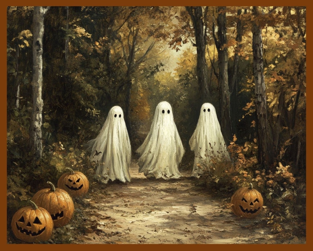 Playful Ghosts in Autumn Forest Art Print: Halloween Themed Painting ...