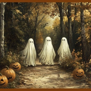 Playful Ghosts in Autumn Forest Art Print: Halloween Themed Painting ...