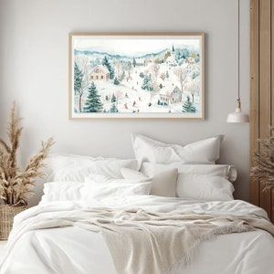 Enchanting Winter Village Scene - New England Snowscape With Villagers ...