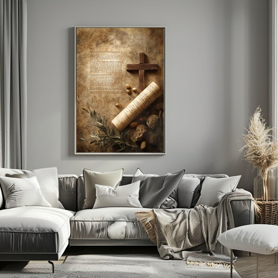 Vintage Christian Cross Art Print, Parchment Scroll, Religious Wall ...