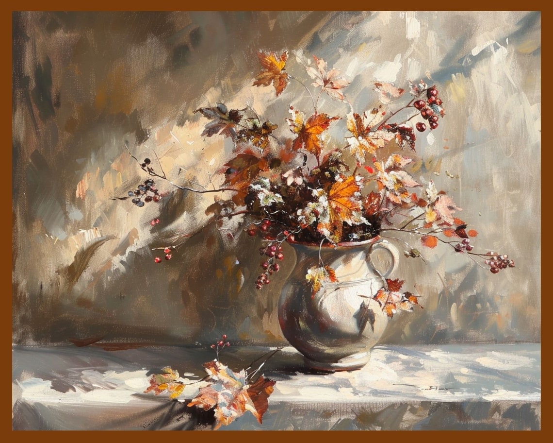 Vintage Autumn Print Nature Wall Art Flower Printable Fall Oil Painting ...