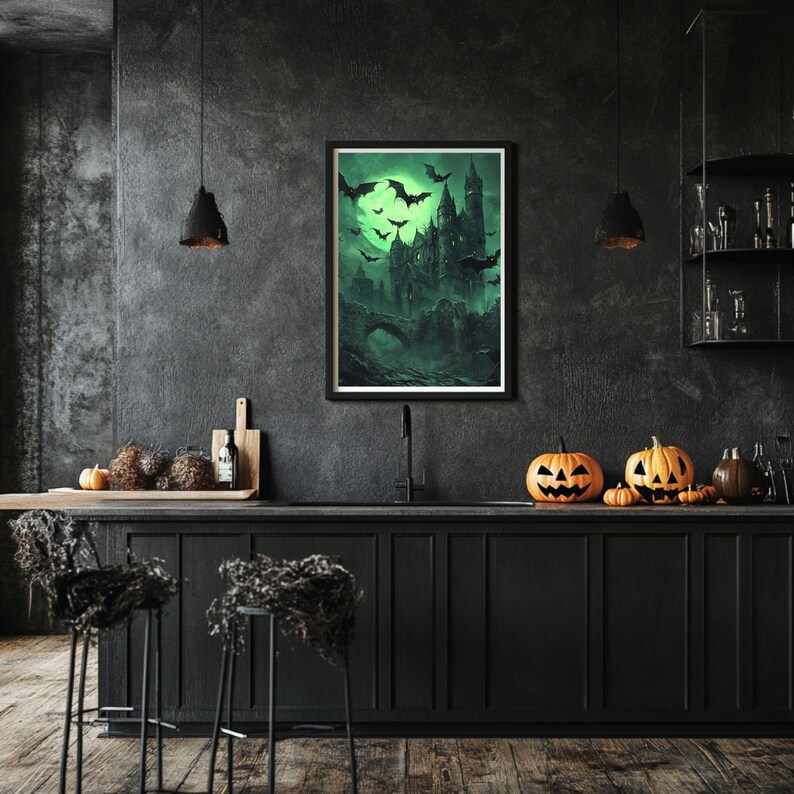 Gothic Castle With Bats Under a Full Moon: Spooky Halloween Digital Art ...