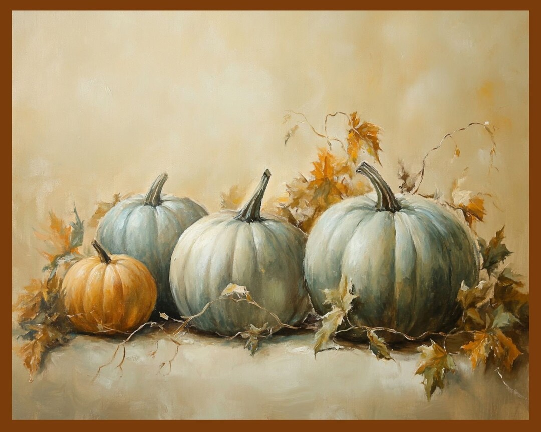 Neutral Fall Pumpkin Art Print | Rustic Autumn Oil Painting | Cozy ...