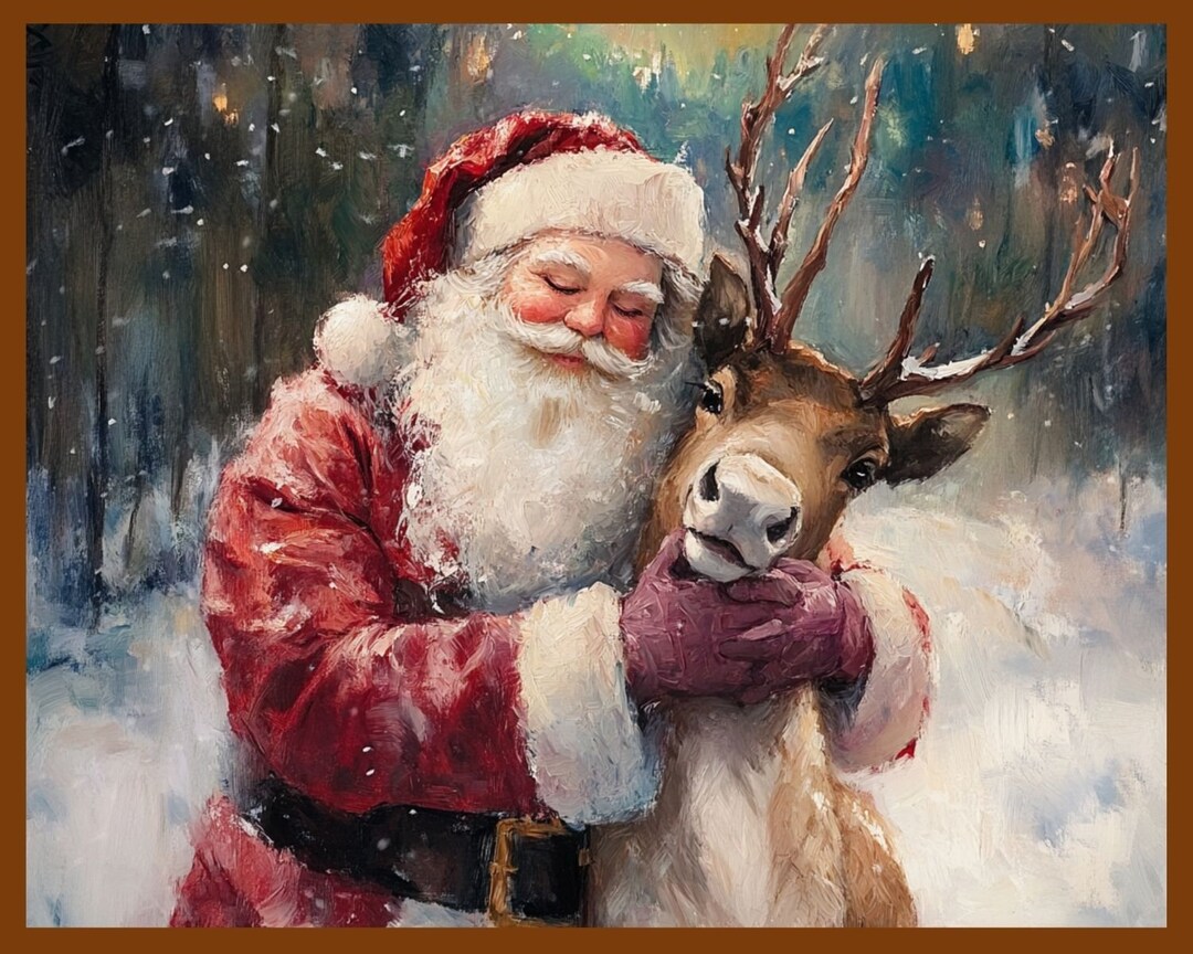Vintage Santa Claus Hugging Reindeer Art Print | Christmas Wall Decor ...