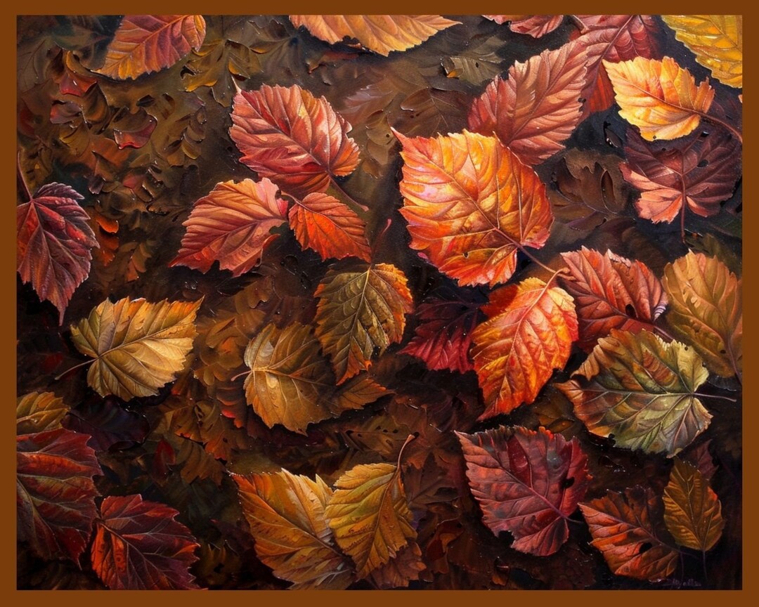 Vintage Oil Painting of Autumn Leaves: Printable Fall Oil Painting ...