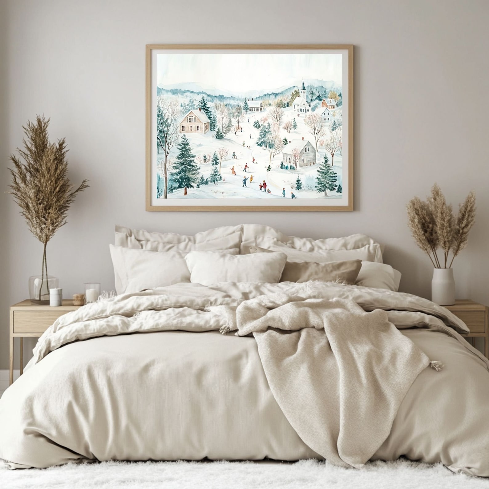 Enchanting Winter Village Scene - New England Snowscape With Villagers ...