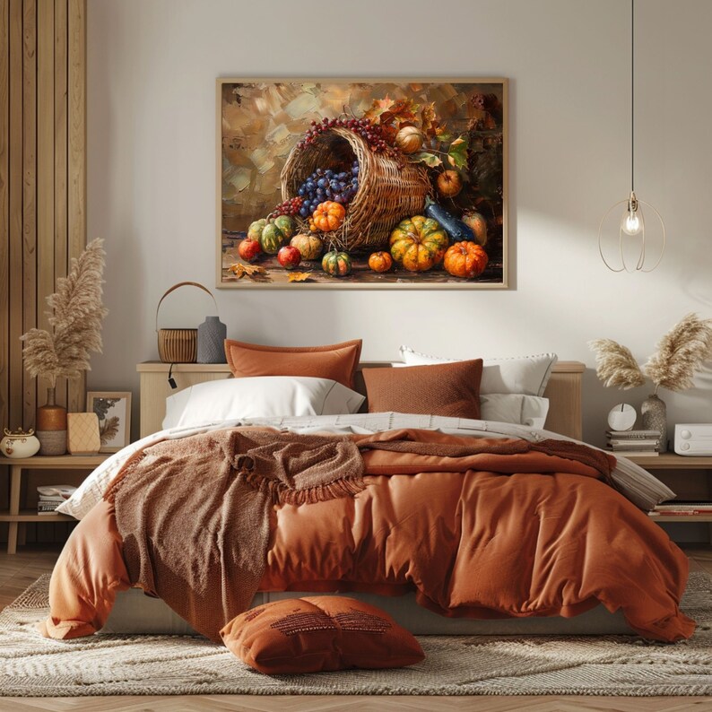 Autumn Harvest Cornucopia Still Life: Rustic Fall Decor for ...