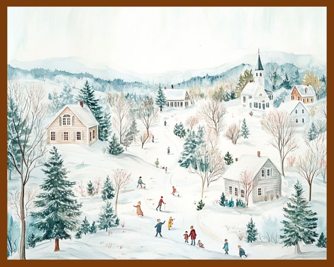 Enchanting Winter Village Scene - New England Snowscape With Villagers ...