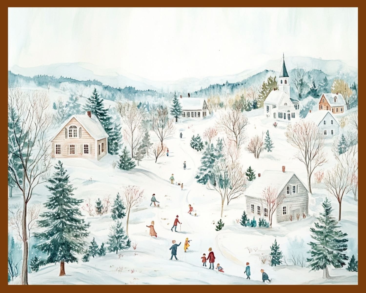 Enchanting Winter Village Scene - New England Snowscape With Villagers ...