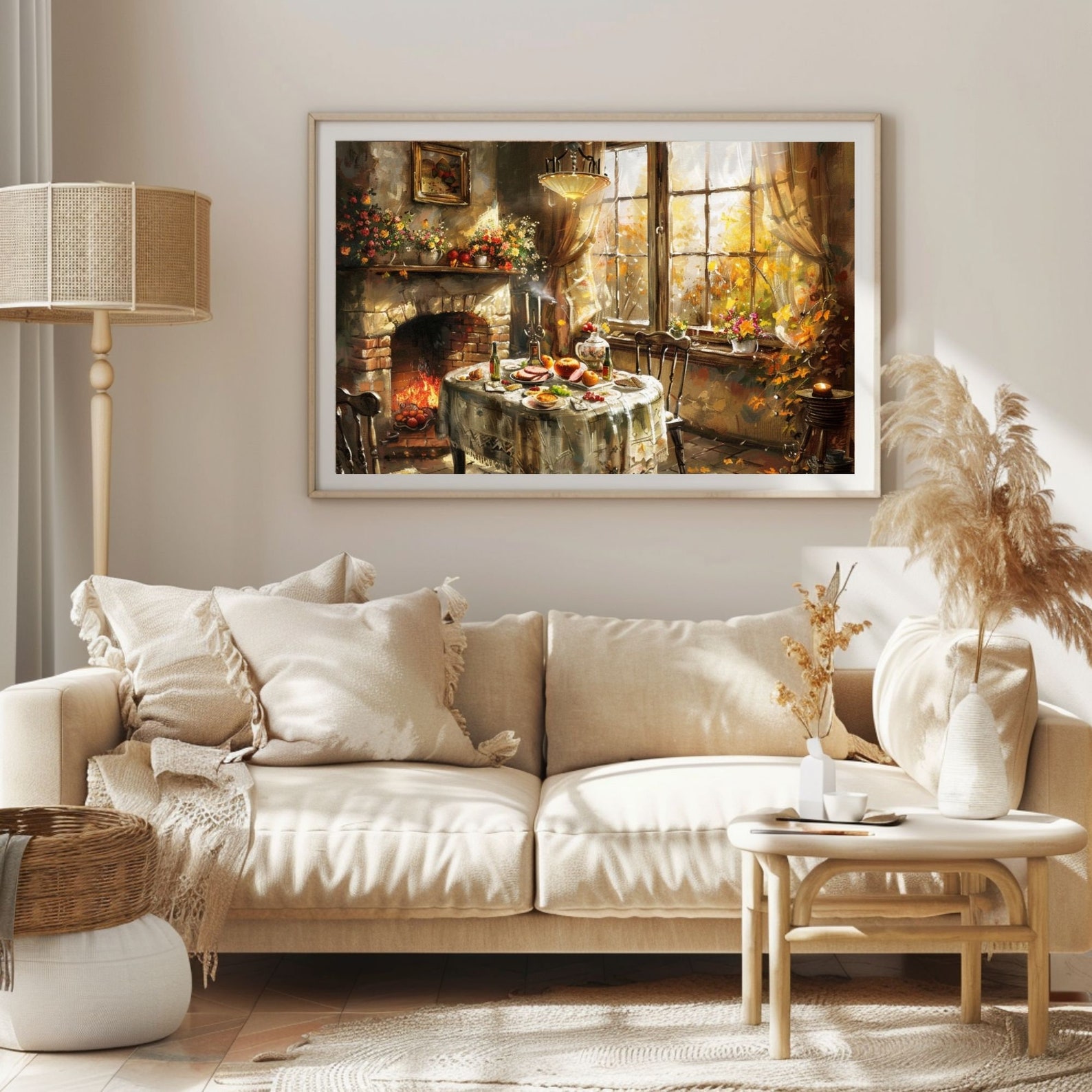 Cozy Autumn Dining Room Scene: Warm Thanksgiving Fireplace Decor Print ...