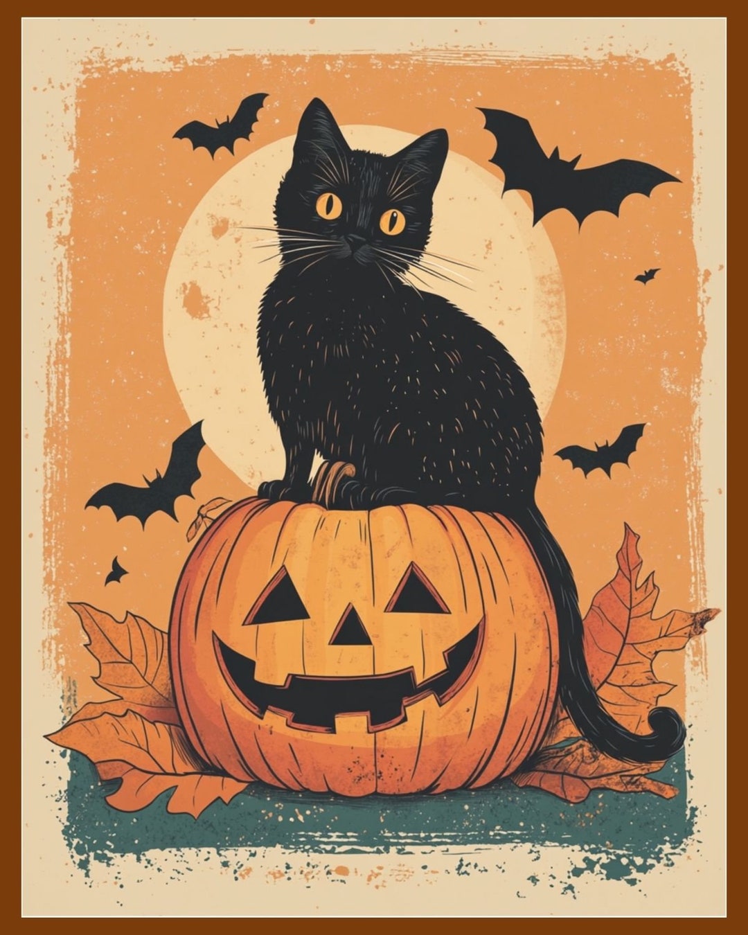 Vintage Halloween Cat on Pumpkin Poster: Black Cat With Bats and Full ...