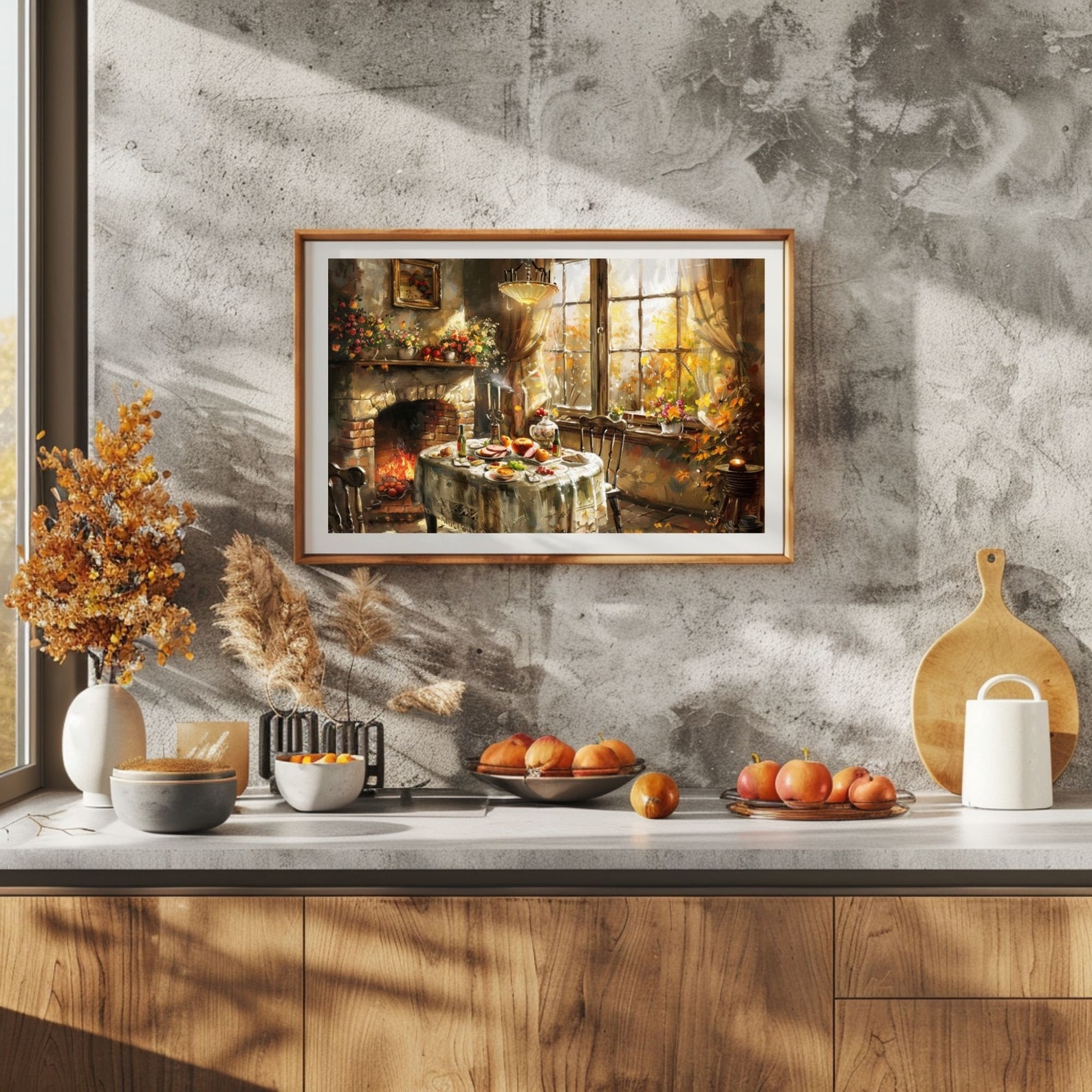 Cozy Autumn Dining Room Scene: Warm Thanksgiving Fireplace Decor Print ...