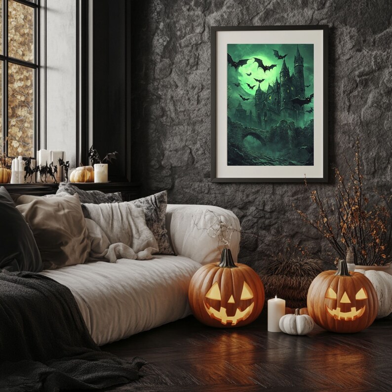 Gothic Castle With Bats Under a Full Moon: Spooky Halloween Digital Art ...