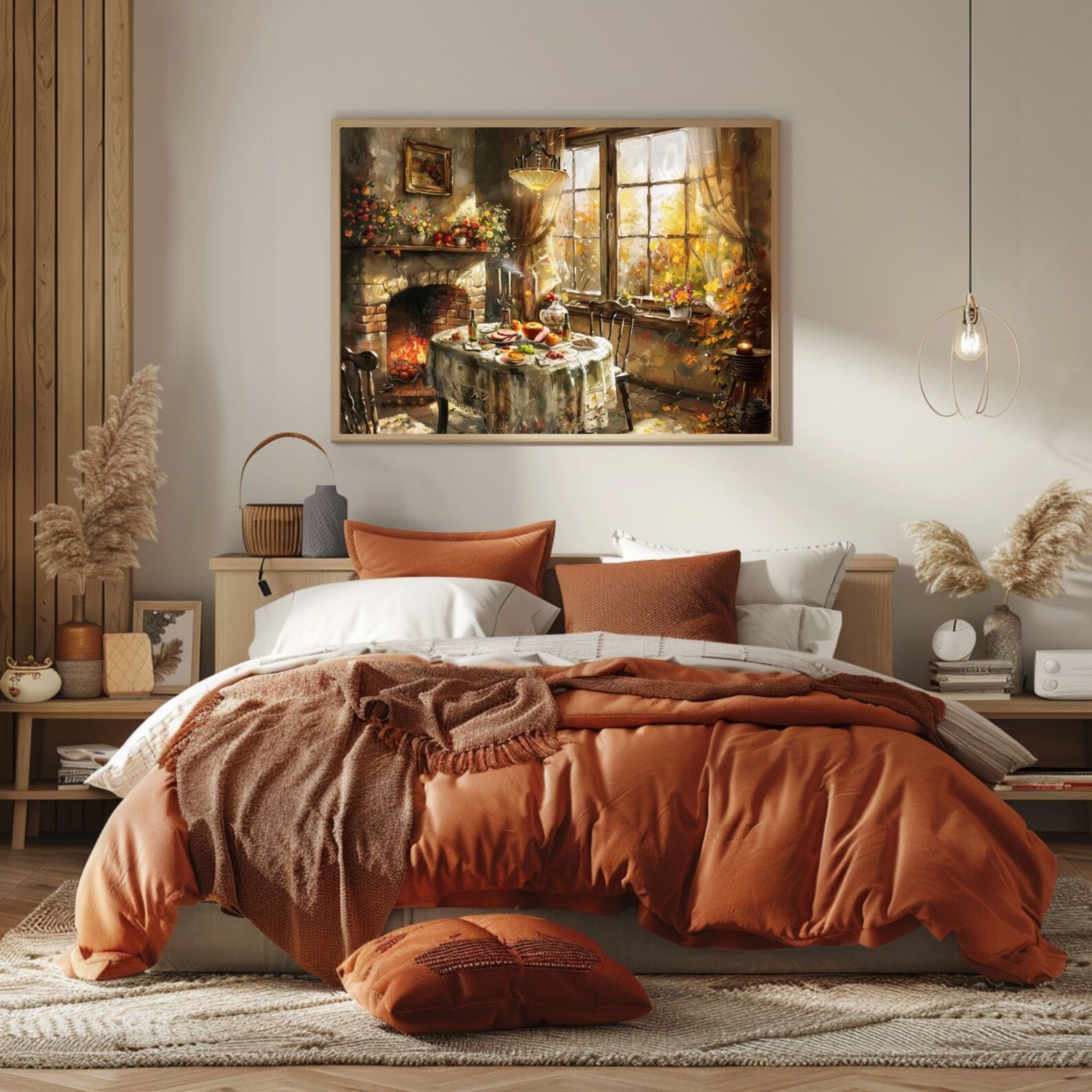 Cozy Autumn Dining Room Scene: Warm Thanksgiving Fireplace Decor Print ...