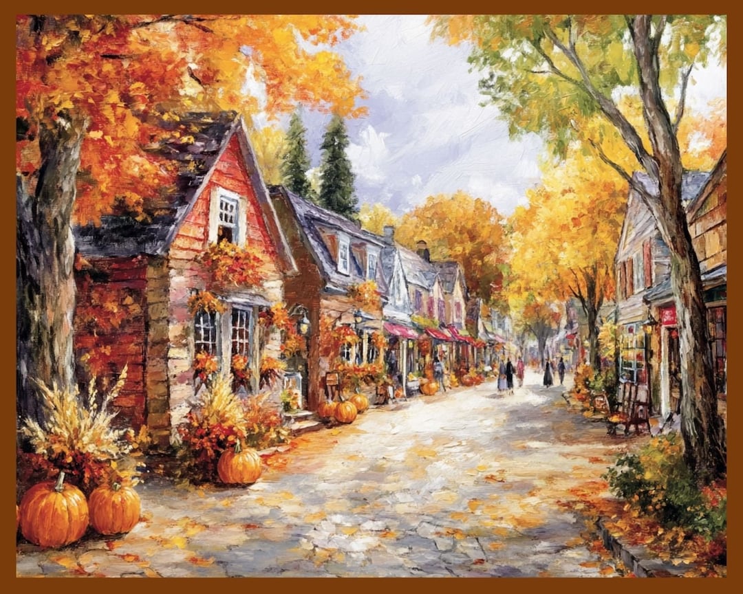Charming Autumn Village Street Art Print: Colorful Fall Scenery ...