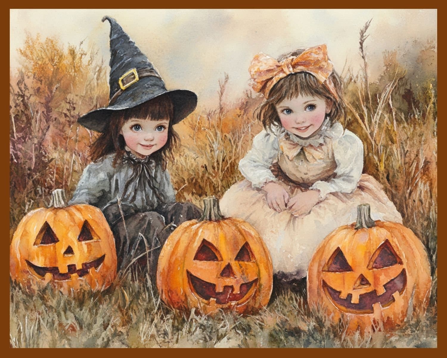 Charming Halloween Watercolor of Two Girls With Pumpkins in Autumn ...