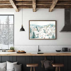 Enchanting Winter Village Scene - New England Snowscape With Villagers ...