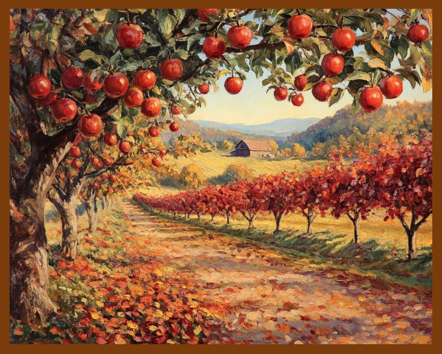 Golden Autumn Apple Orchard Art Print: Vibrant Harvest Landscape ...