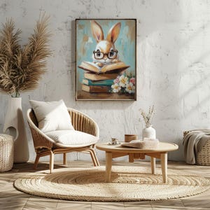 Easter Bunny Reading Book Print Art, Cute Rabbit Big Glasses Printable ...