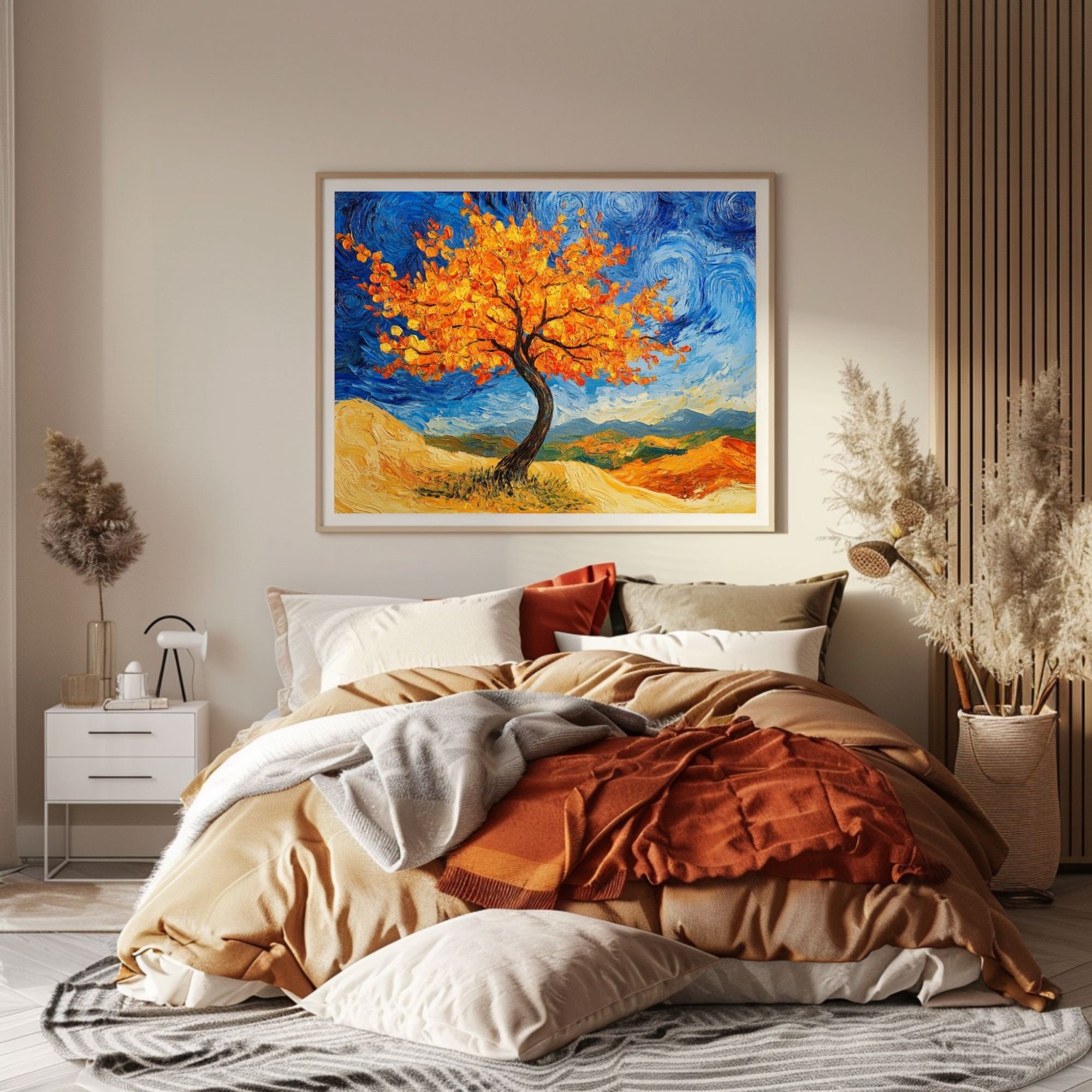 Impressionist Autumn Tree Painting: Swirling Sky, Golden Foliage ...