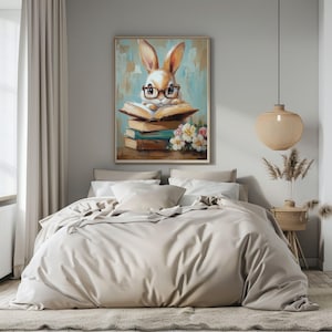 Easter Bunny Reading Book Print Art, Cute Rabbit Big Glasses Printable ...