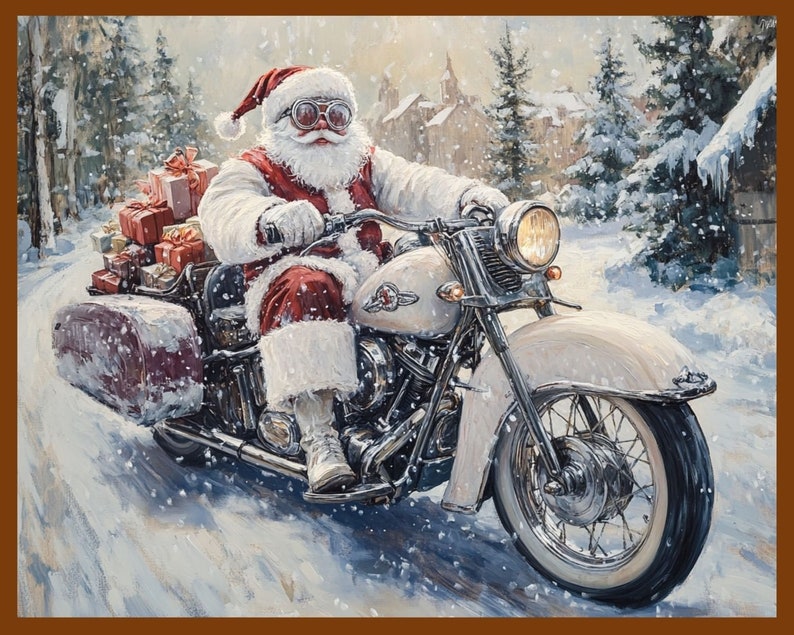 Santa on Harley-davidson Christmas Art | Vintage Motorcycle Holiday ...