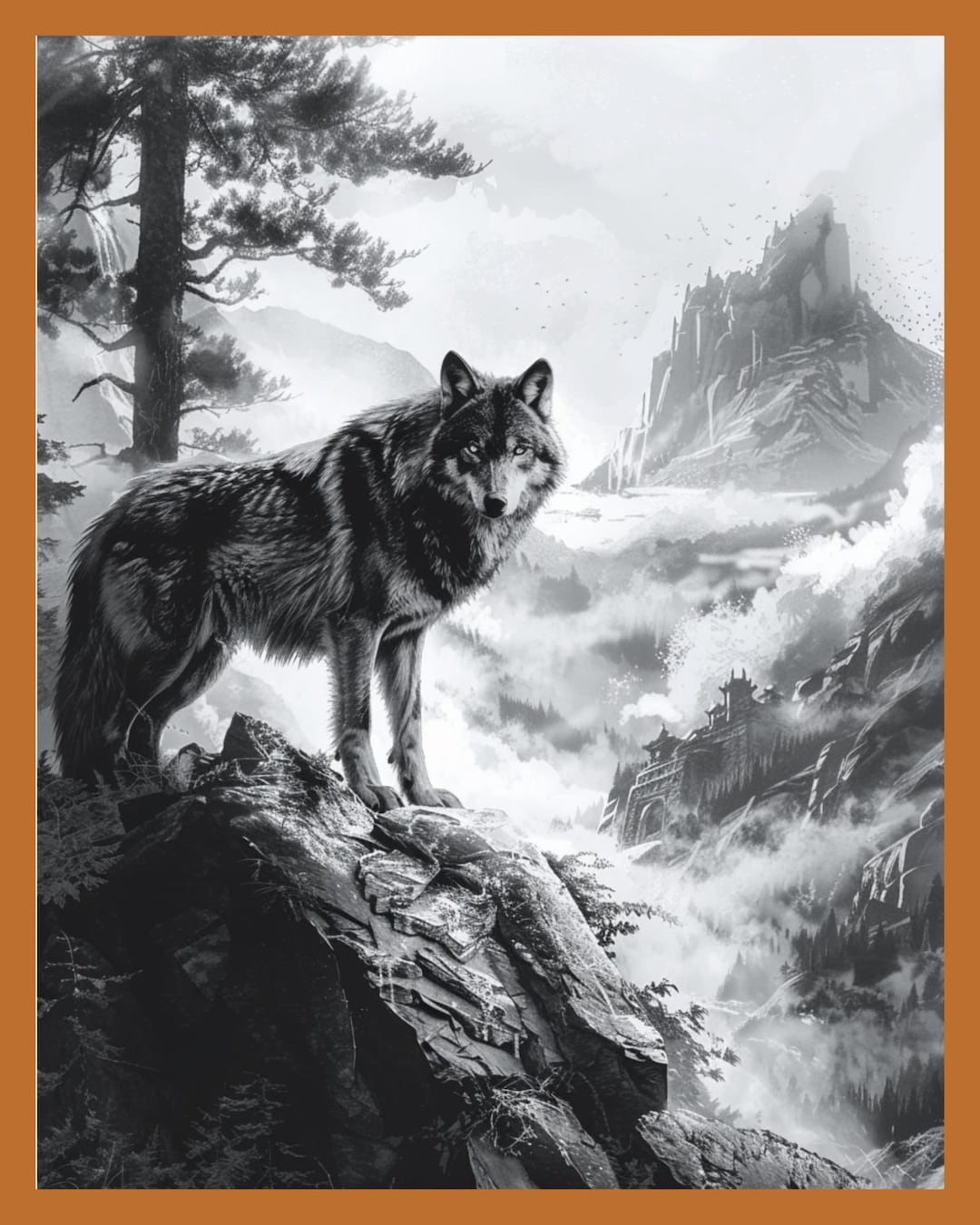 Black and White Wolf Art Print - Monochrome Wildlife Illustration ...