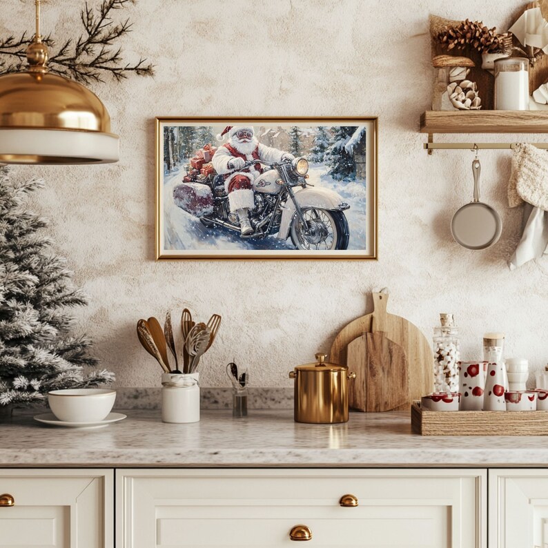 Santa on Harley-davidson Christmas Art | Vintage Motorcycle Holiday ...