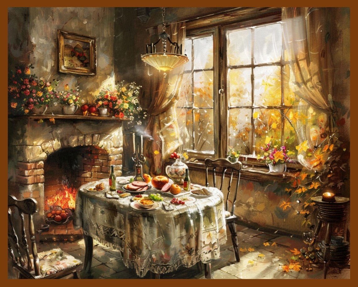 Cozy Autumn Dining Room Scene: Warm Thanksgiving Fireplace Decor Print ...